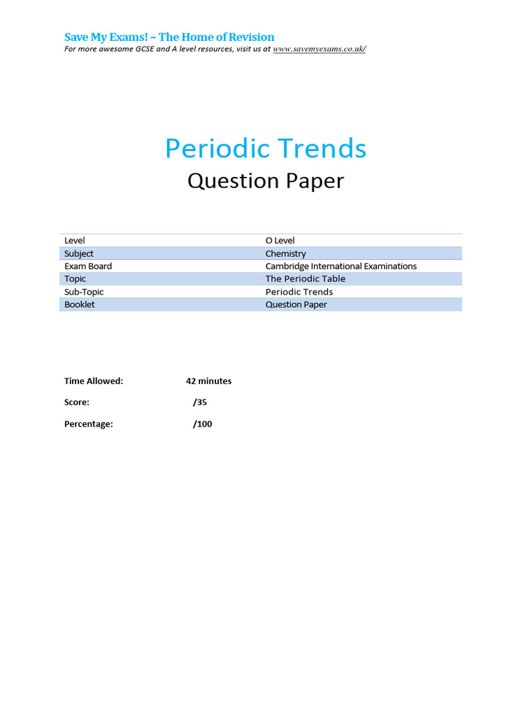O Level Chemistry: Periodic Trends Exam Paper | PDF | Periodic Table | Ion