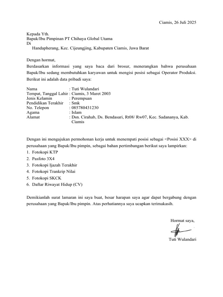 Surat Lamaran Wulan | PDF