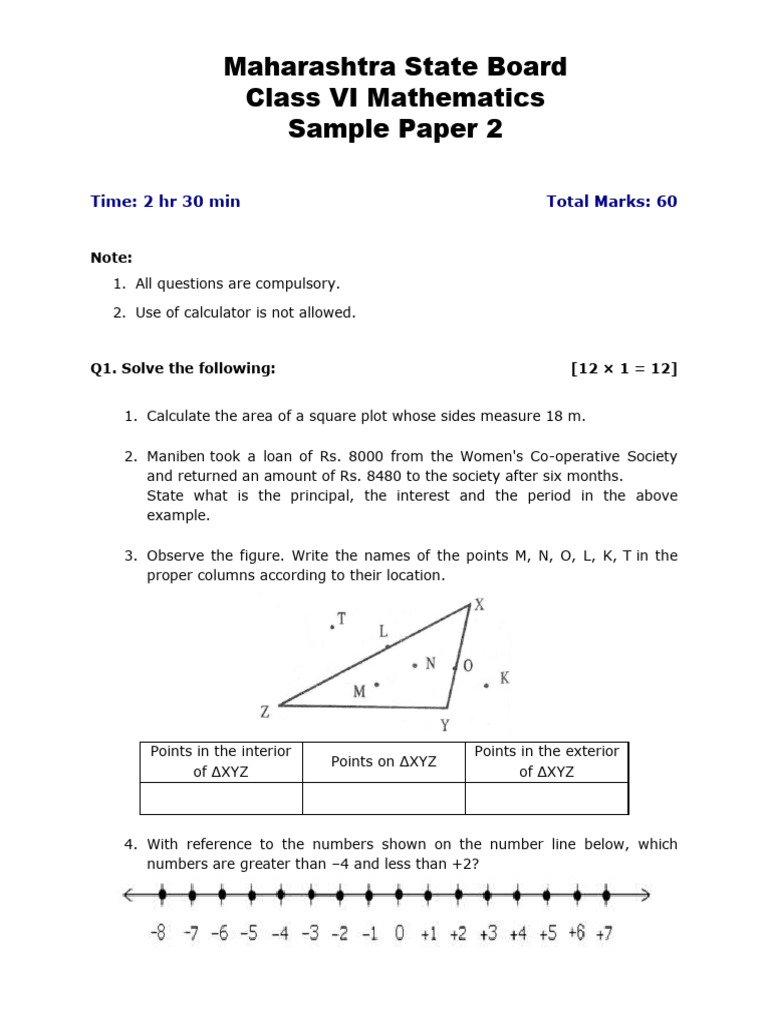 Class 6 Maharashtra Math Sample Paper | PDF | Circle | Numbers