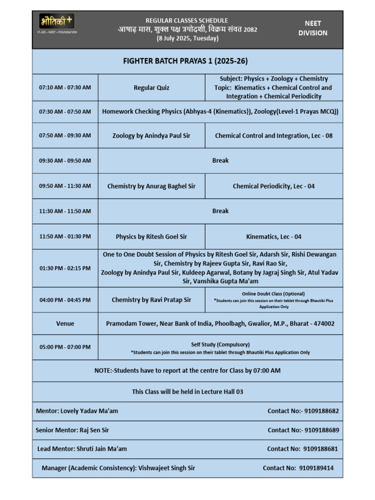 NEET Regular Class Schedule 2025-26 | PDF | Physical Sciences
