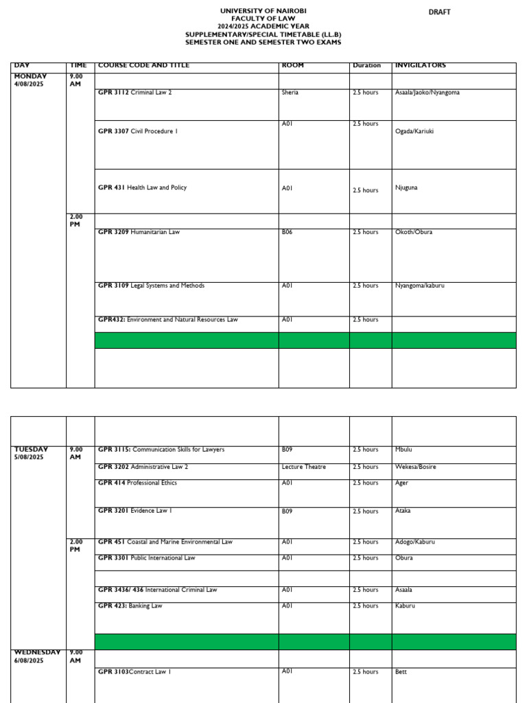 Draft LLB 2024-2025 Special-Supp Exams Timetable | PDF | Justice | Crime & Violence