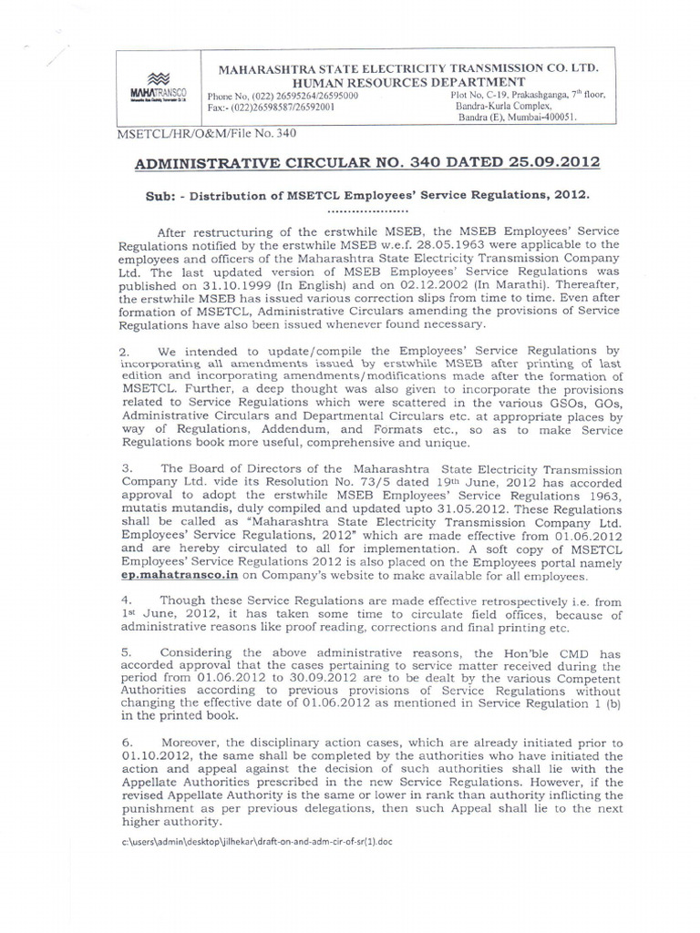 Admin - Circular - 340 Mahatransco | PDF