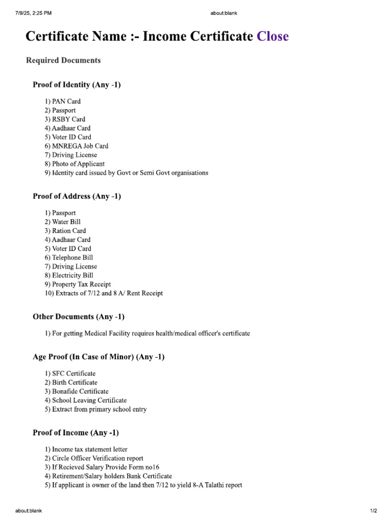 Certificate Name Income Certificate Document Lists | PDF