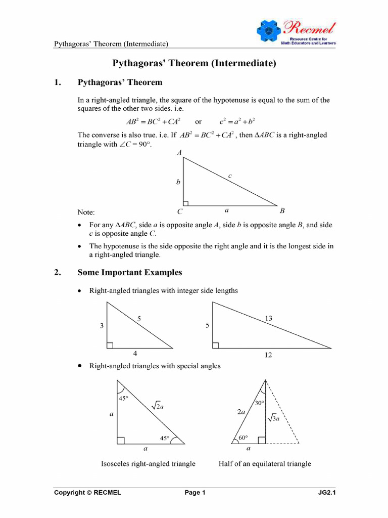 JG2.1 - Pythagoras Theorem (Intermediate) - S | PDF