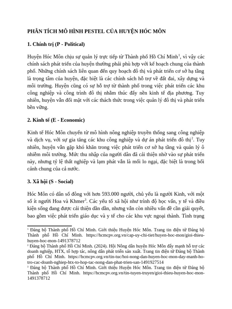 PHÂN TÍCH MÔ HÌNH PESTEL CỦA HUYỆN HOOC MÔN | PDF