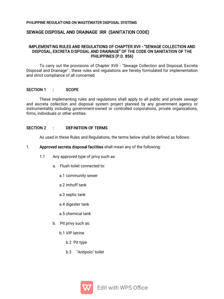 PD 856 Sewage and Drainage IRR 1995 | PDF | Sanitary Sewer | Septic Tank