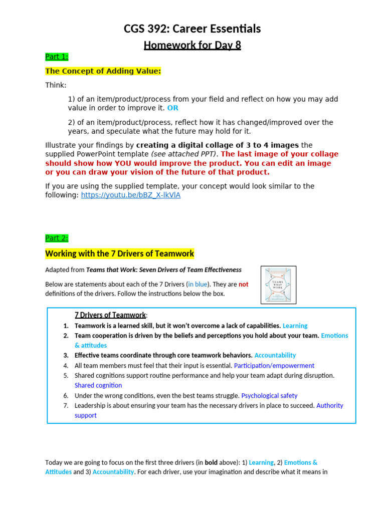 T241 Homework FOR Week 8 (Adding Value) Part 1 Vshort | PDF | Learning | Attitude (Psychology)