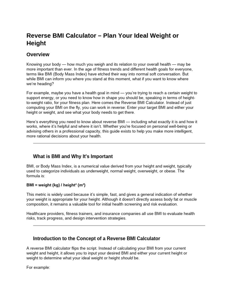 Reverse BMI Calculator Â - Plan Your Ideal Weight or Height | PDF | Body Mass Index | Human Size