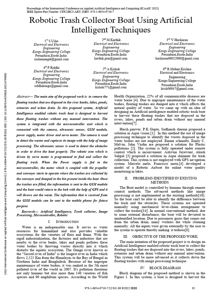 Robotic Trash Collector Boat Using Artificial Intelligent Techniques ...