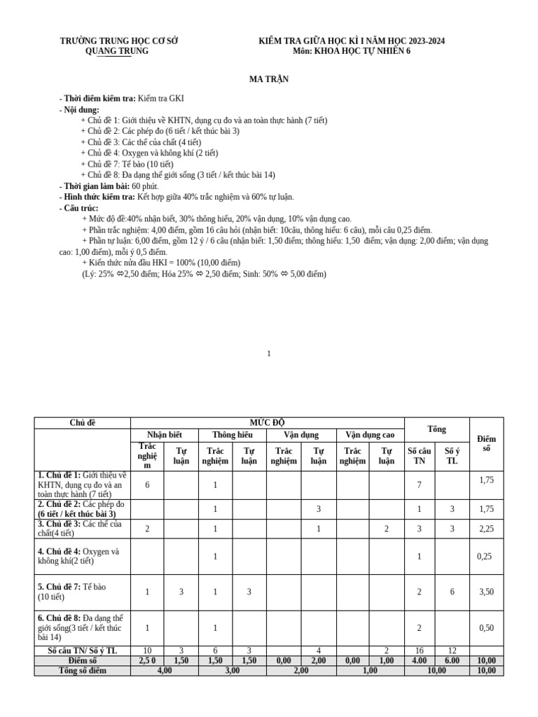ĐỀ KT GIỮA HKI MÔN KHTN 6 NĂM HỌC 2023 - 2024.quyên | PDF