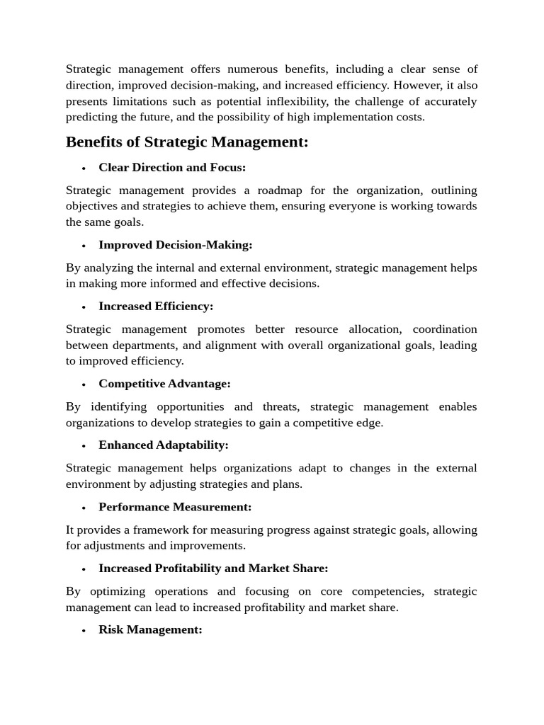 Benefits and Limitations of Strategic Management | PDF | Strategic ...