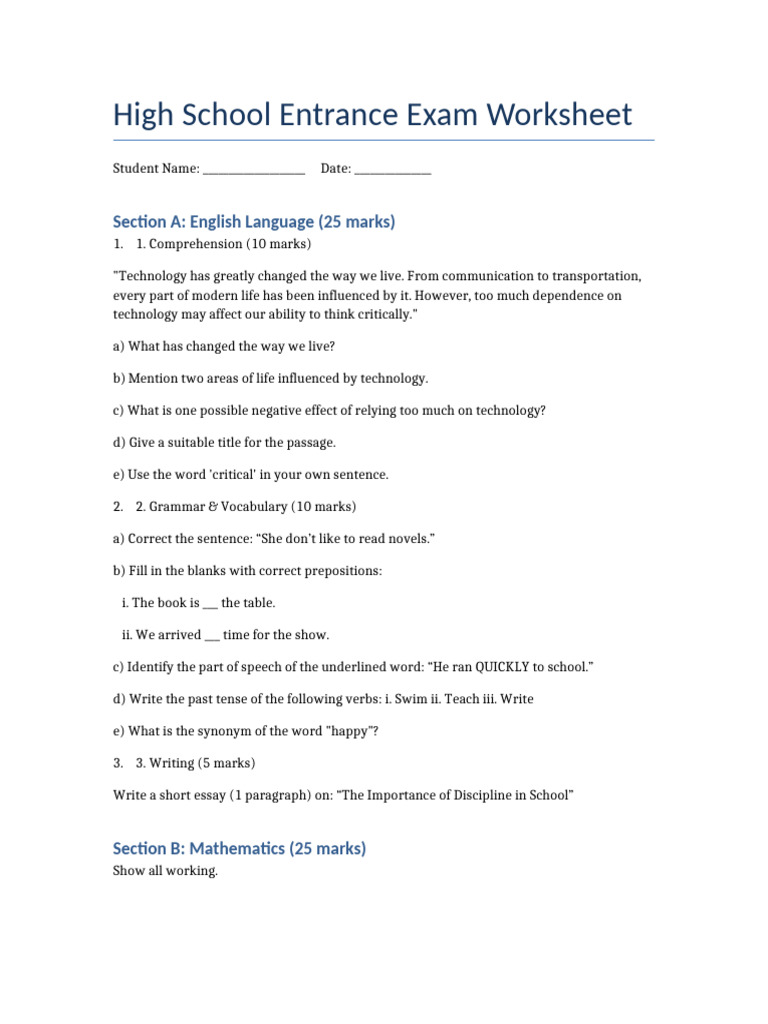 High School Entrance Exam Worksheet Final | PDF