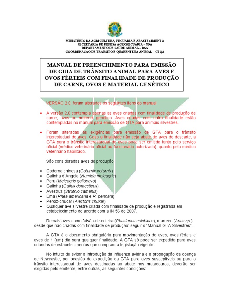 Manual de Preenchimento para Guia de Trânsito Animal - GTA | PDF | Aves ...