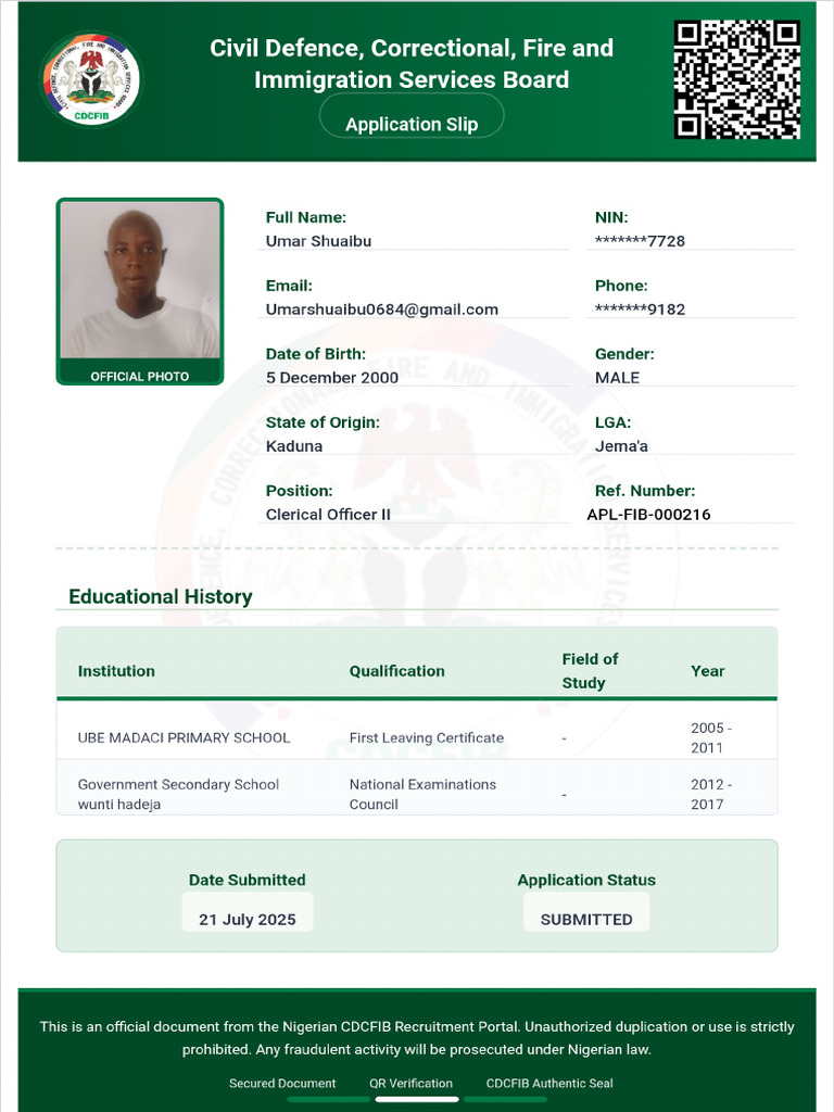 UMAR SHUAIBU Application Slip | PDF
