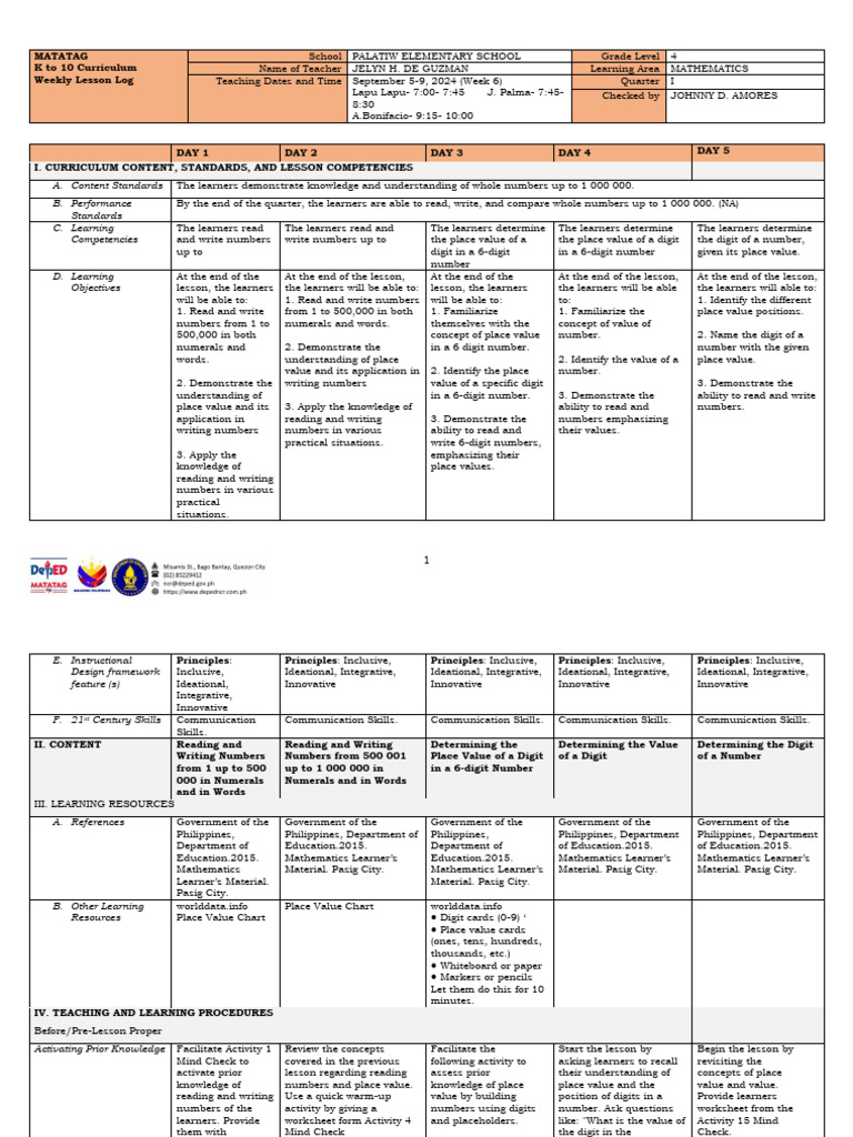 Le Gr4 Mathematics q1 Wk6 New Heading | PDF | Learning | Literacy