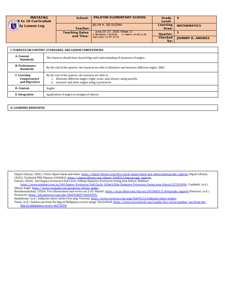 DLL Matatag - Mathematics 4 q1 w1 | PDF | Angle | Geometry