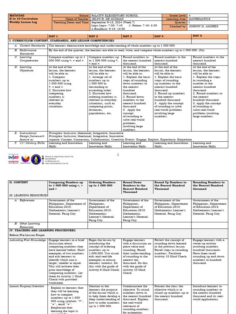 Le Gr4 Mathematics q1 Wk7 New Heading | PDF | Learning | Vocabulary