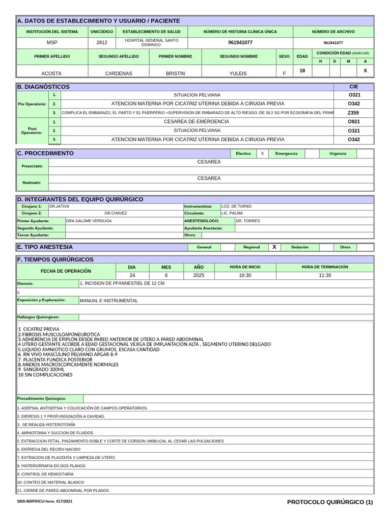 Protocolo Cesarea Acosta Cardenas Bristin DR Jativa | PDF | Seccion de cesárea | Cirugía