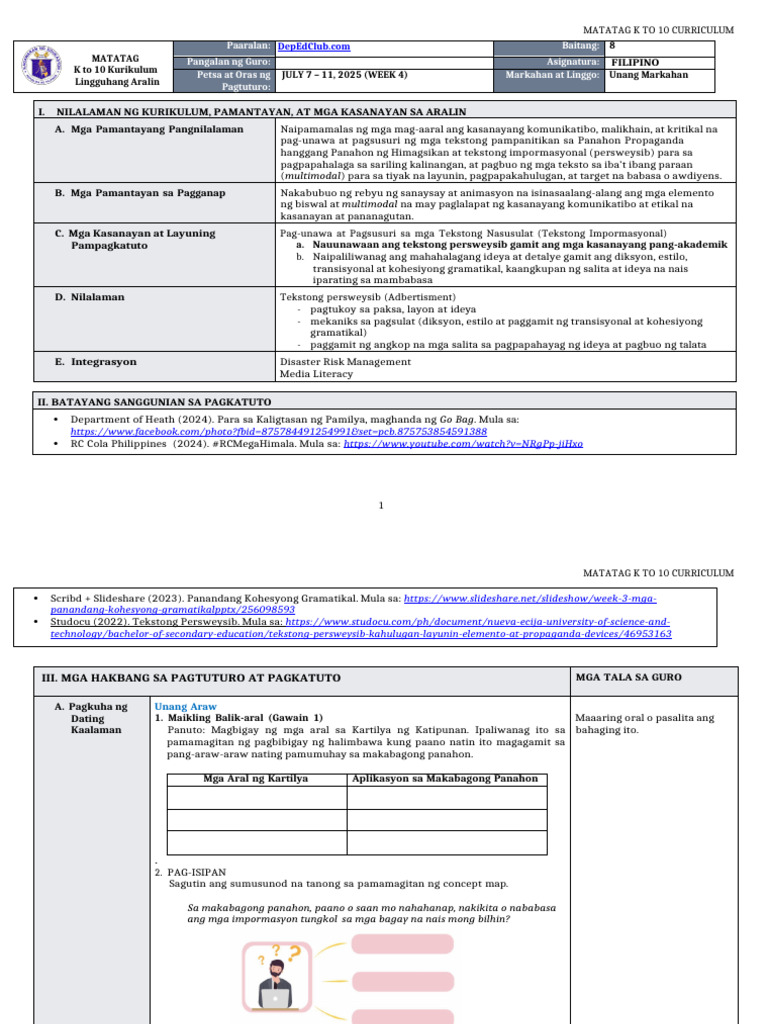 Matatag Filipino 8 Q1 W4 | PDF