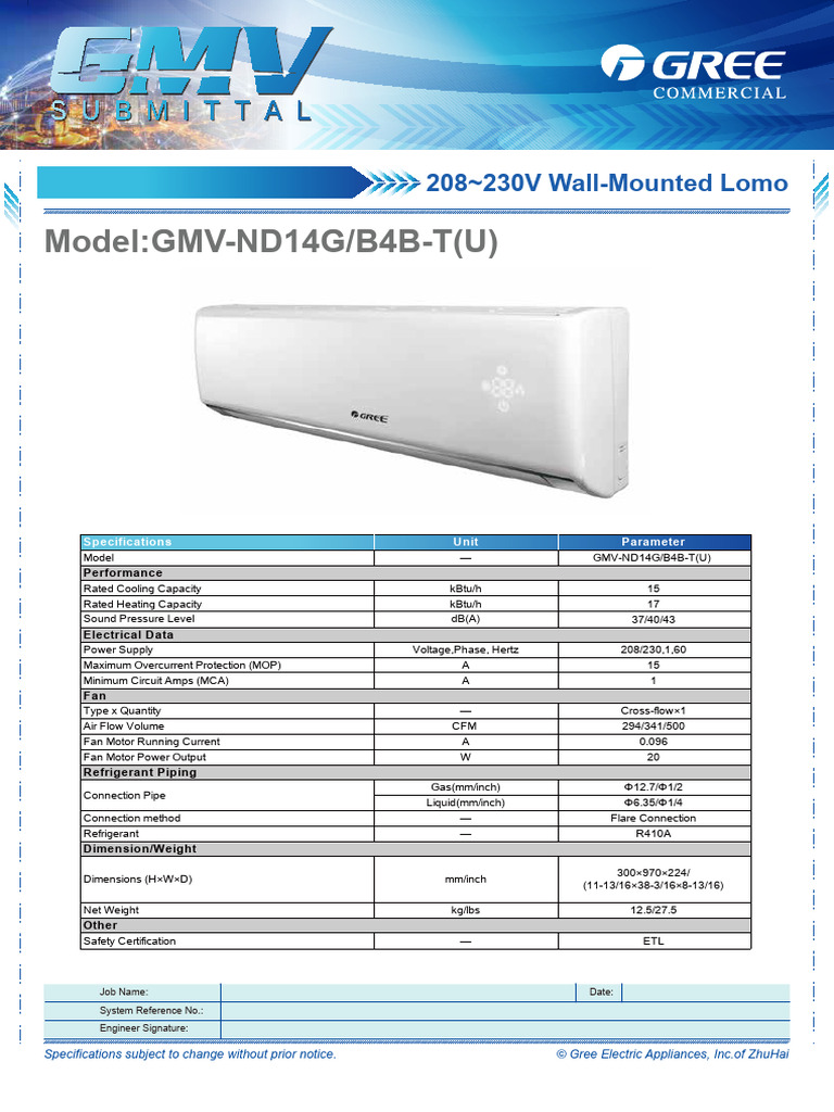 Submittal For GMV ND14G B4B TU | PDF | Mechanical Engineering | Electricity