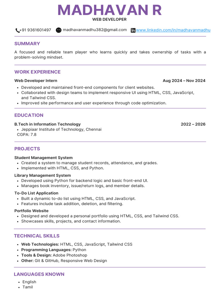 Purple and White Clean and Professional Resume - 20250702 - 111903 - 0000 | PDF