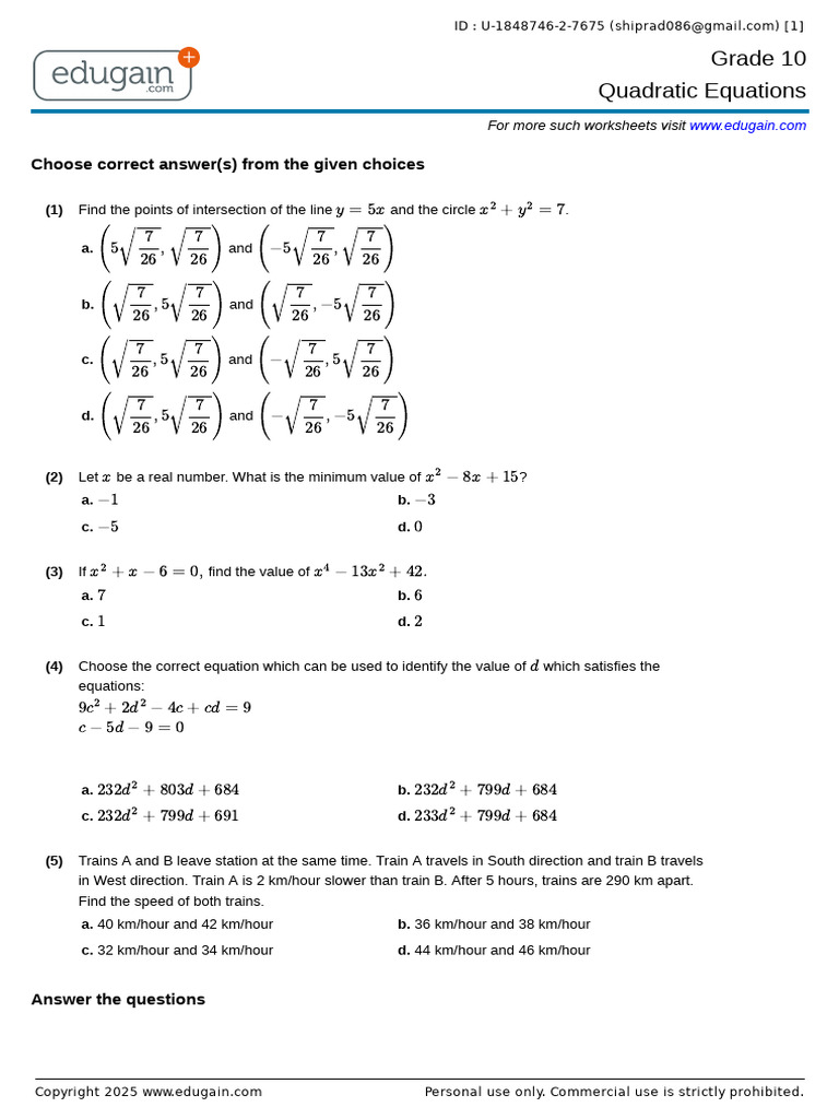 Grade 10 Quadratic Equations Worksheet | PDF | Speed | Mathematical Objects