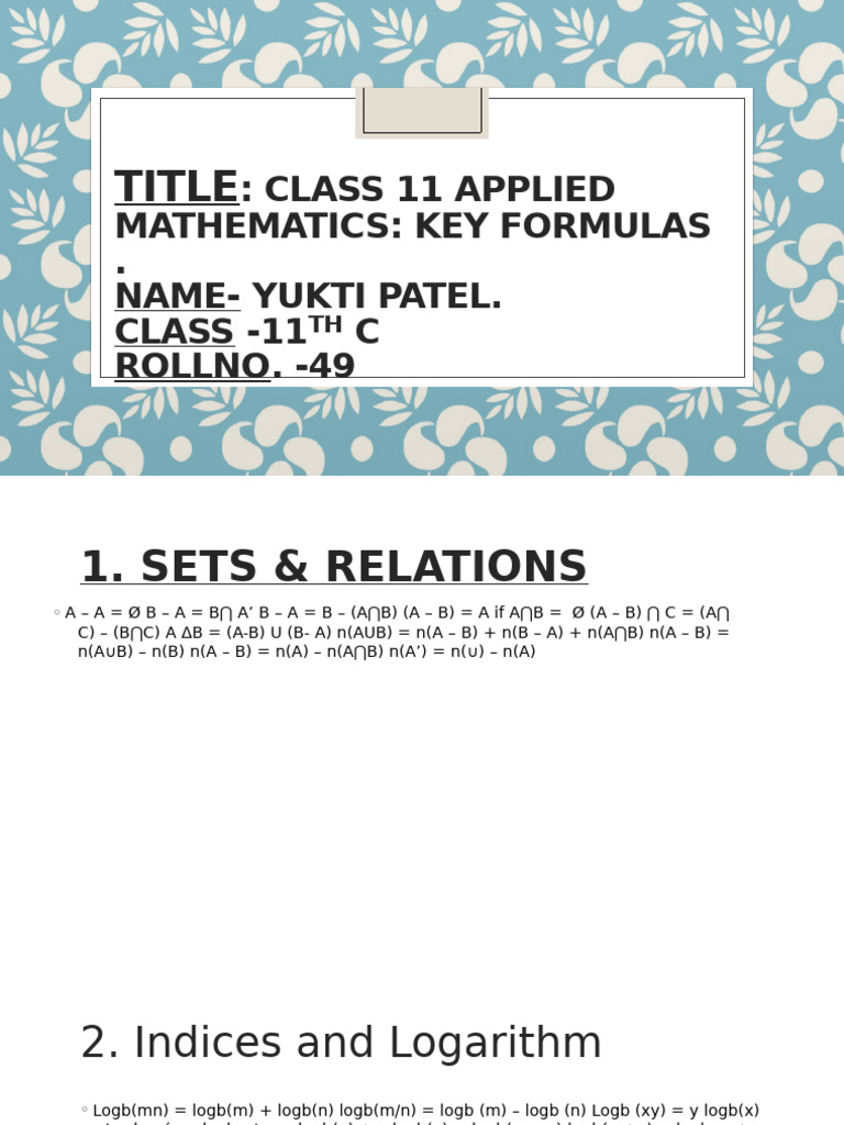 Title:: Class 11 Applied Mathematics: Key Formulas - Name-Yukti Patel ...