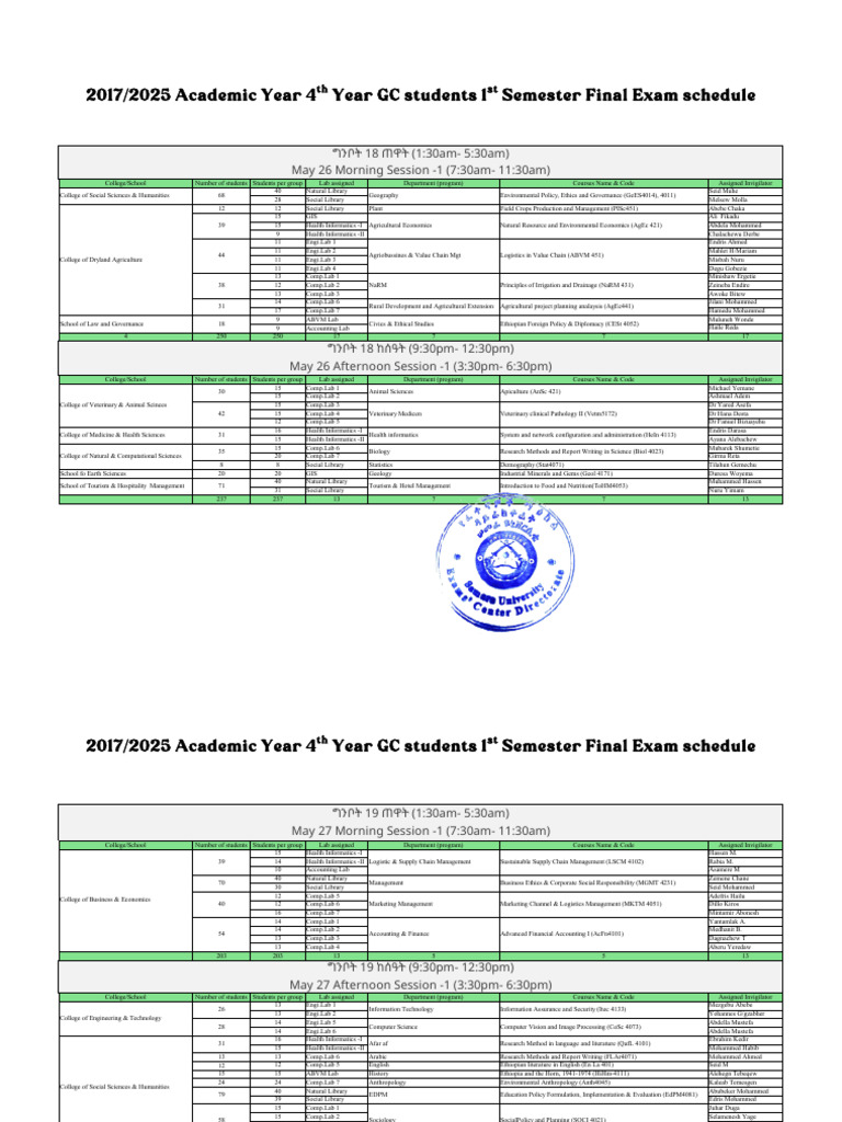4th Year GC Students 1st Semester Final Exam Schedule | PDF