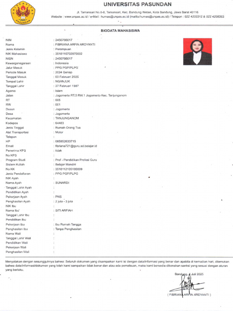 Biodata Mahasiswa UNPAS | PDF