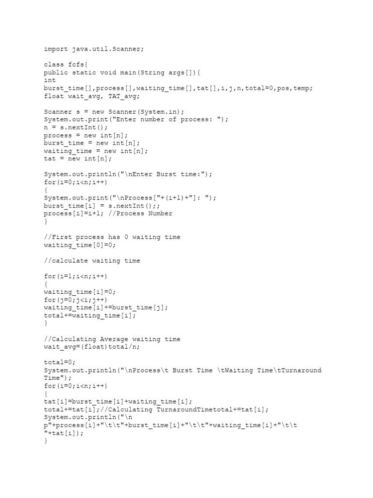 Java FCFS Scheduling Algorithm Example | PDF