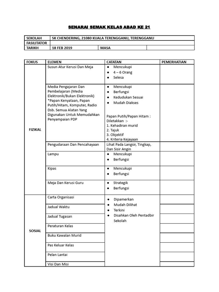 Contoh INSTRUMEN Senarai Semak Kelas Pak Abad 21 | PDF