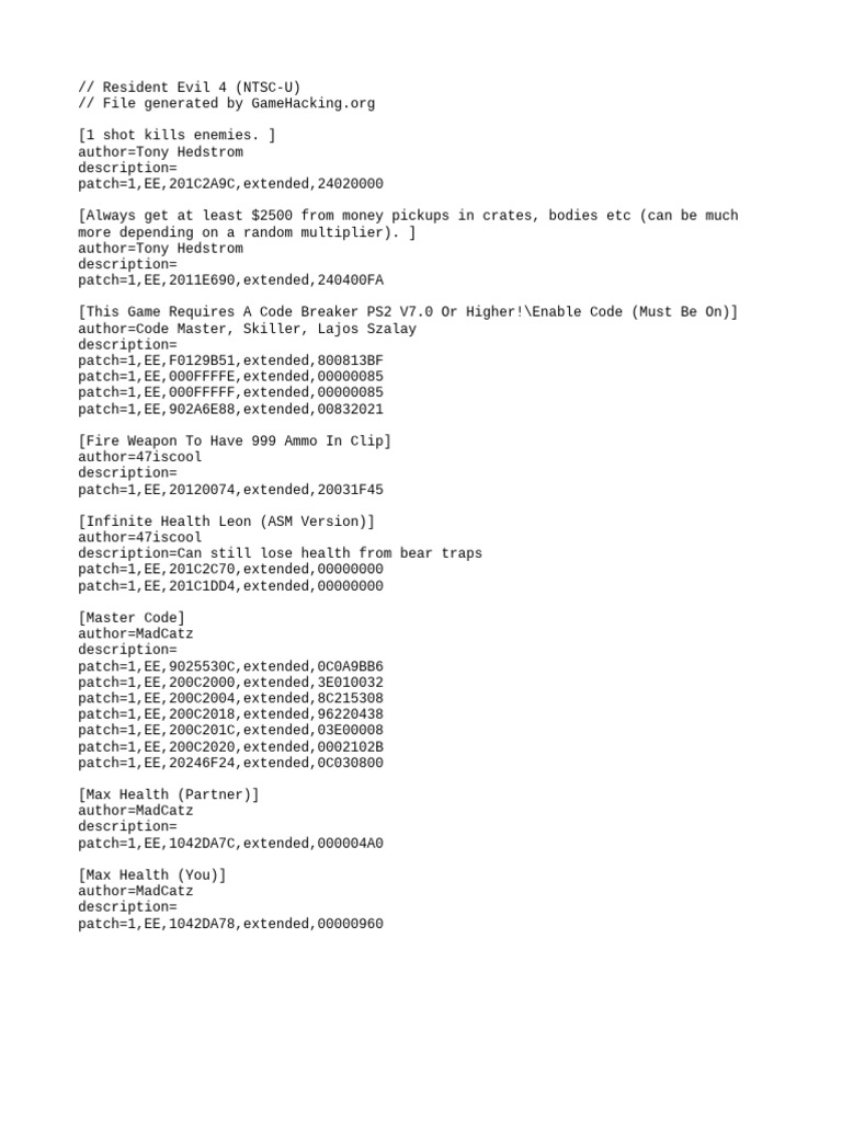 Resident Evil 4 PS2 Cheat Codes | PDF