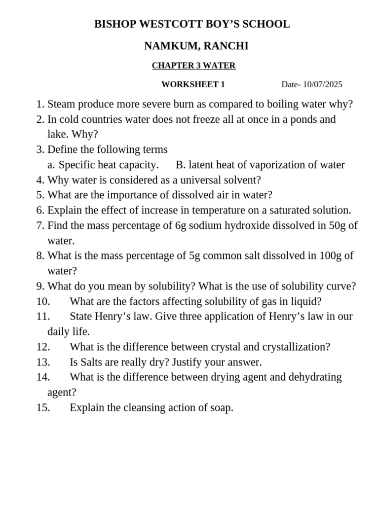 Class 9 Chapter 3 Worksheet 1 | PDF