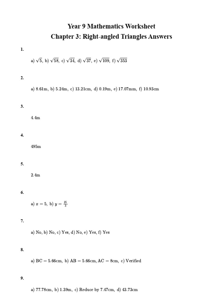 Year 9 Mathematics Worksheet - Right-Angled Triangles Answers | PDF ...