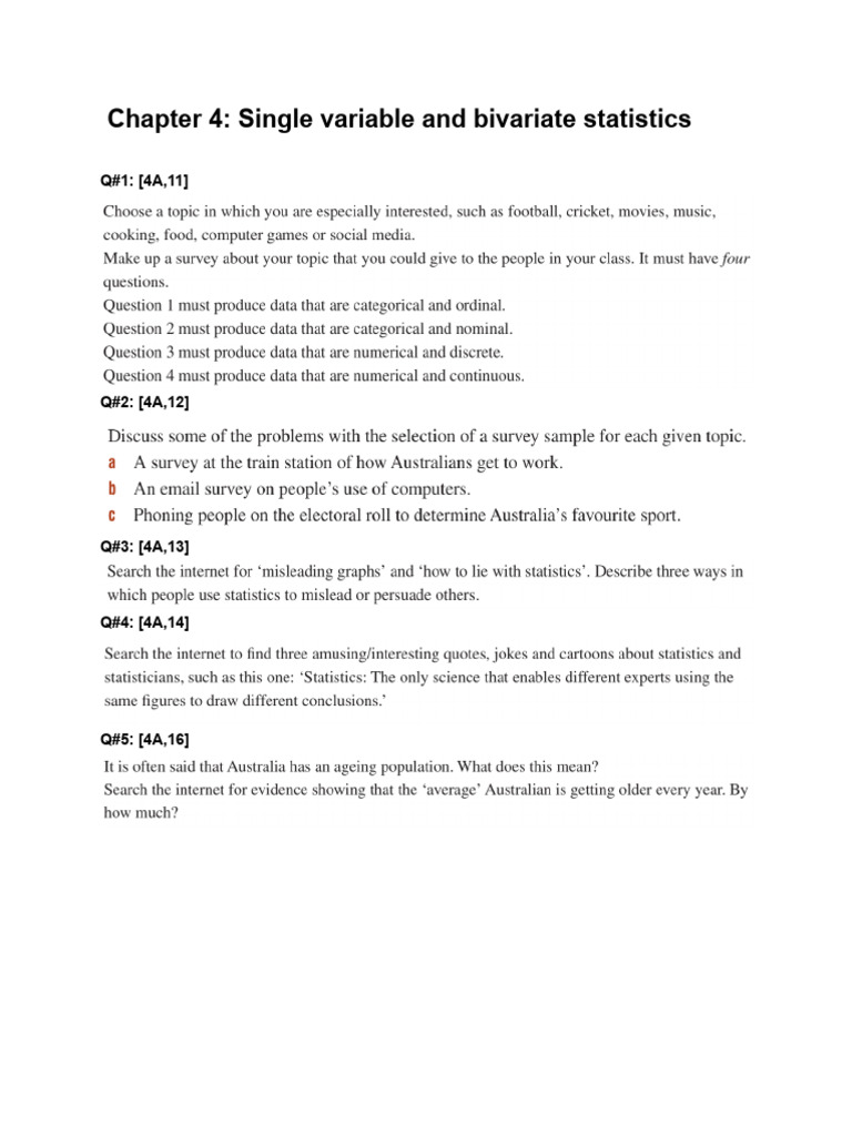 Chapter 4 - Single Variable and Bivariate Statistics (QS) | PDF