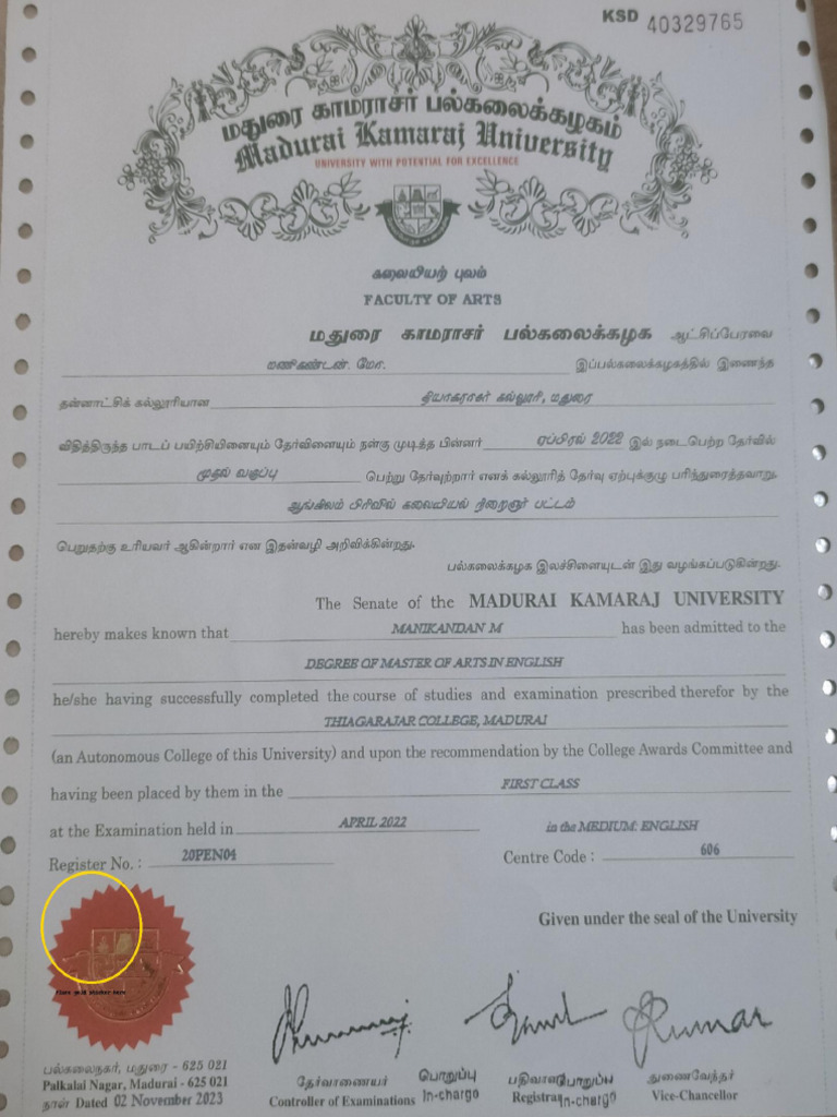 MKU Degree Copy With Seal Placeholder | PDF