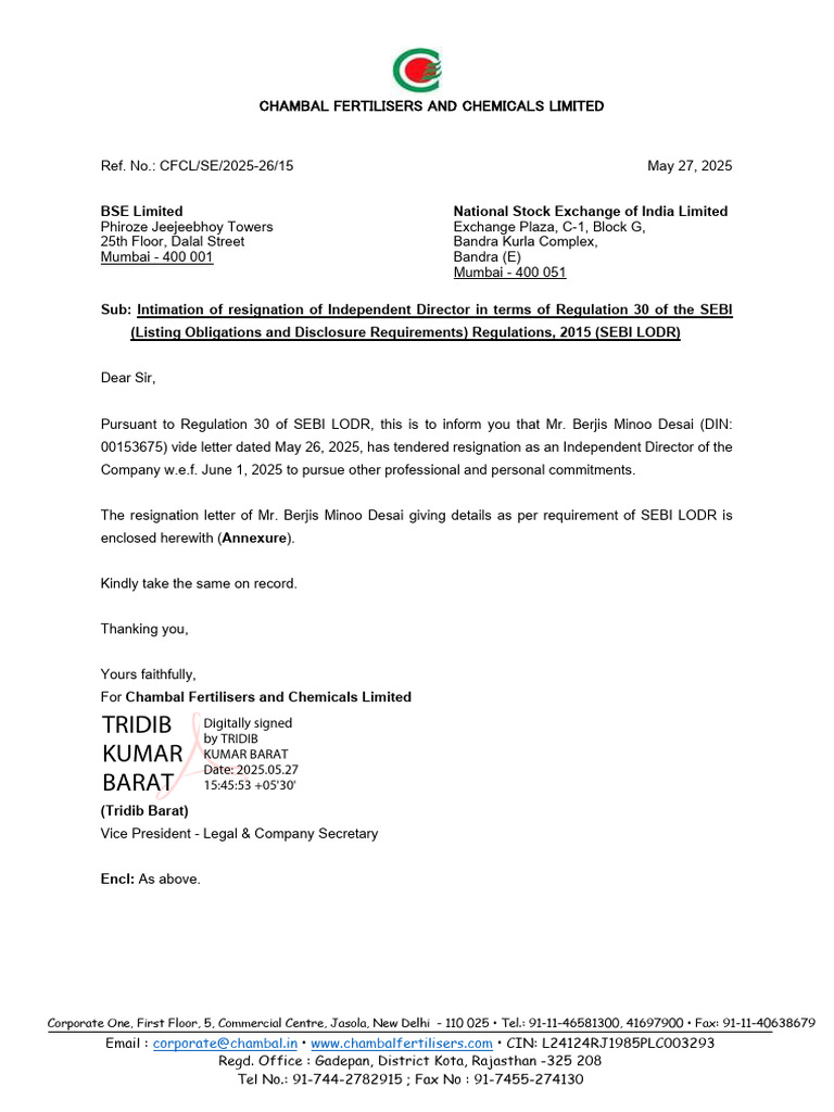 Tridib Kumar Barat: Chambal Fertilisers and Chemicals Limited | PDF ...