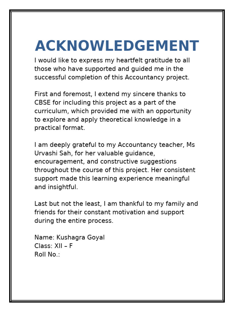 Acknowledgement for Class 12 Accountancy Project | PDF
