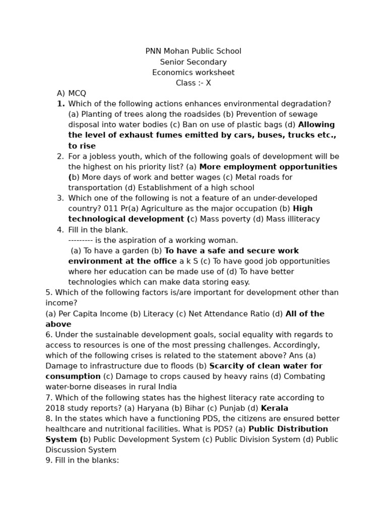 Class X Economics Worksheet on Development | PDF | Groundwater | Energy ...