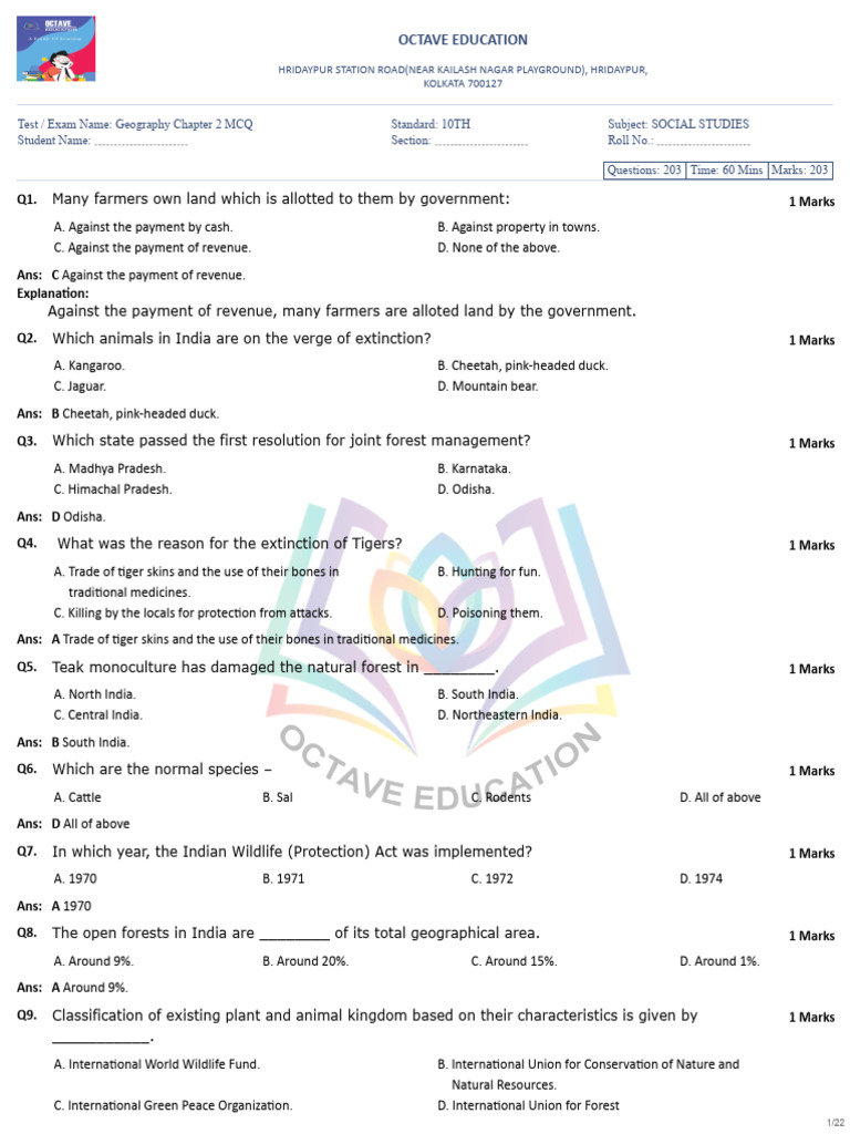 Class 10 Geography Chapter 2 MCQs | PDF | Biodiversity | Deforestation
