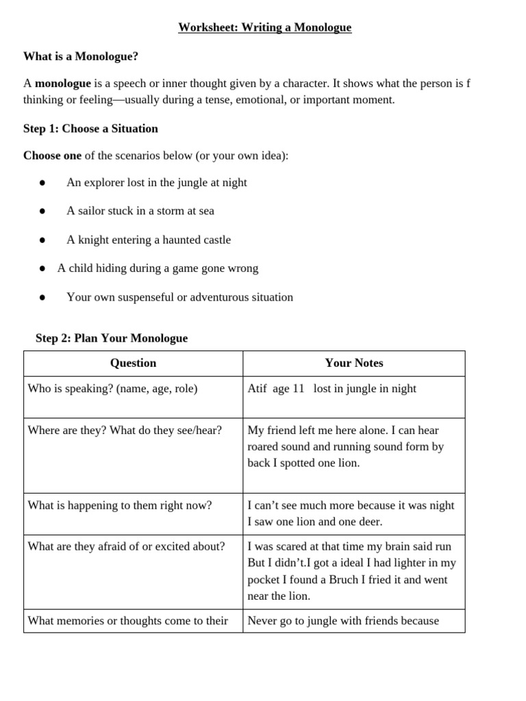 Monologue Writing Worksheet Guide | PDF | Thought