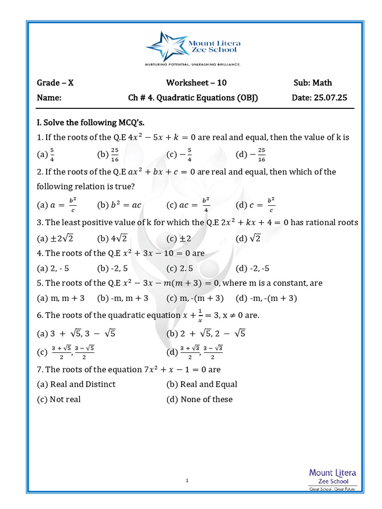 Grade 10 Math W.s - 10 (q.e Obj) | Pdf | Quadratic Equation | Equations