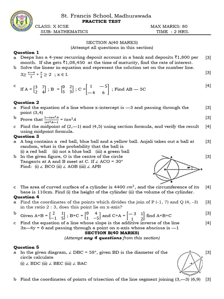 Class X ICSE Mathematics Practice Test | PDF | Circle | Area