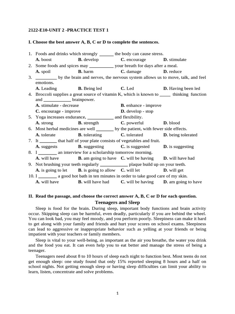 2122 e10 Unit2 Practice 1 | PDF | Sleep | Adolescence