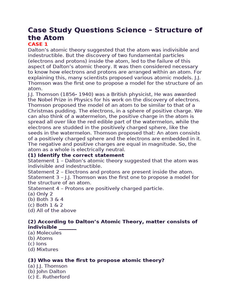 Class 9 Atom Structure Case Study Questions | PDF | Atoms | Atomic Nucleus