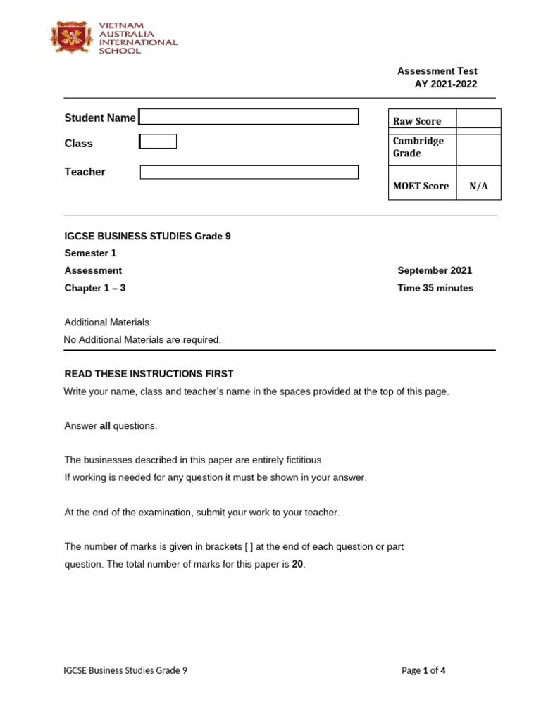 Grade 9 Business Studies Assessment 1 CH 1 2 3 QP 2021 22 2 | PDF
