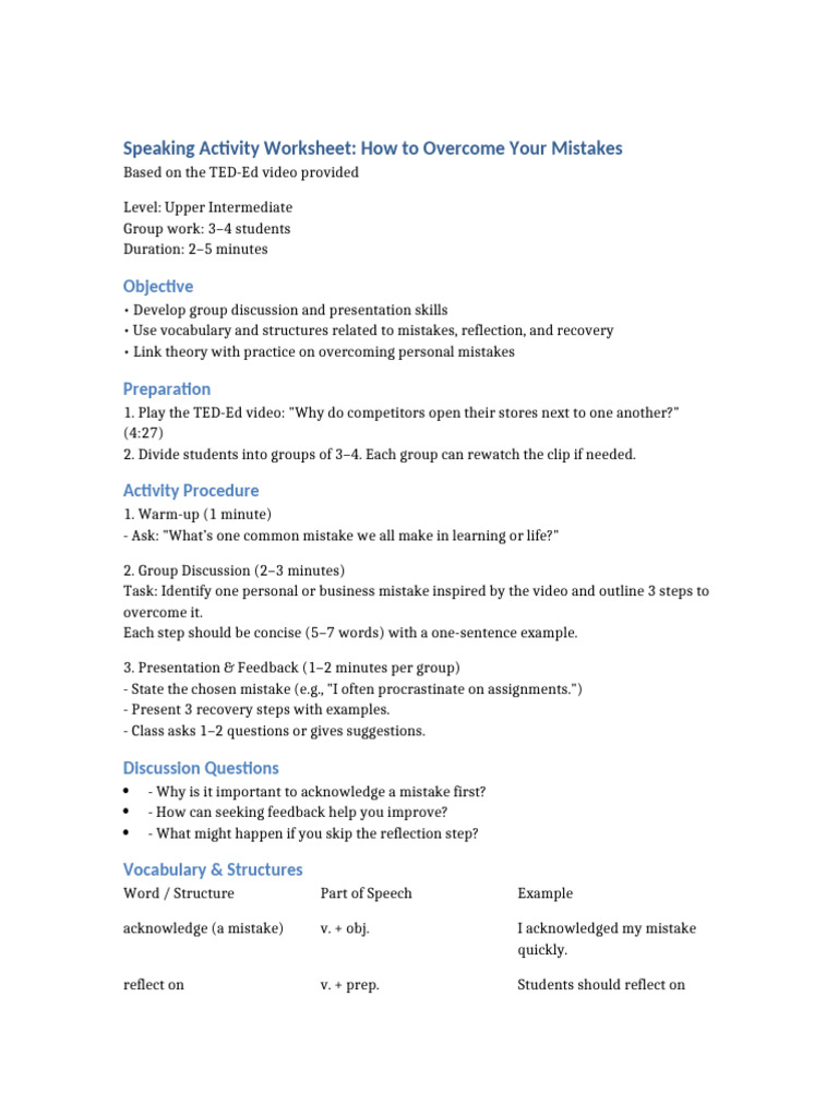 Overcome Mistakes Activity | PDF | Cognitive Psychology | Behavior ...
