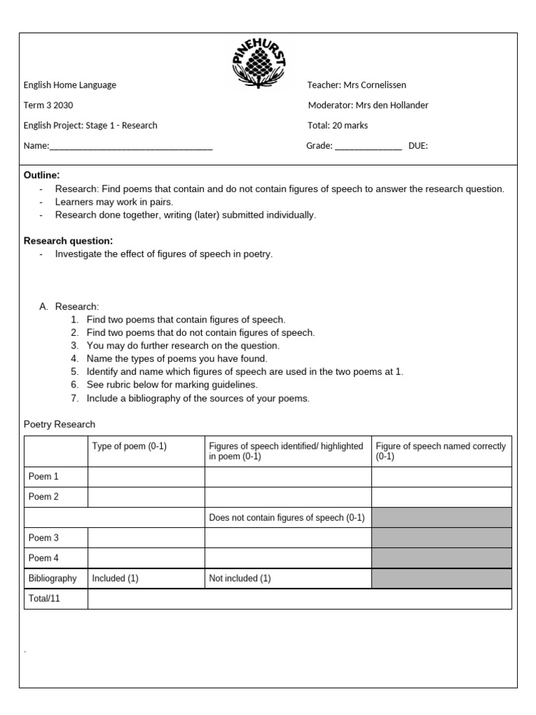 GR 7 English Writing Project Term 3 2023 | PDF | Fluency | Poetry