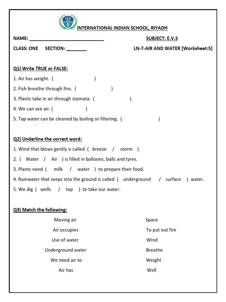 Air and Water Worksheet | PDF