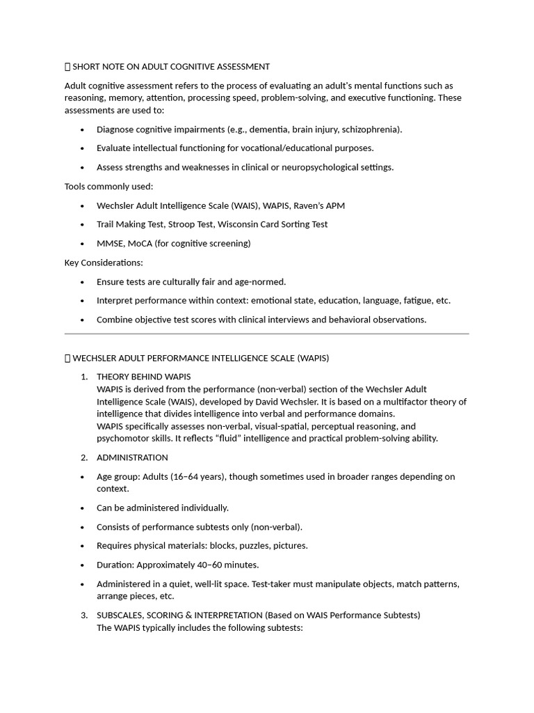 WAPIS: Adult Cognitive Assessment Guide | PDF | Wechsler Adult ...